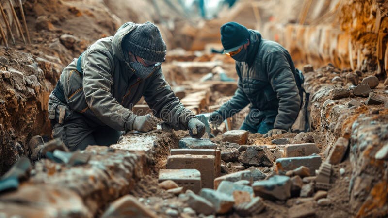 Archaeologists Work at the Excavation Site with Special Tools Stock ...