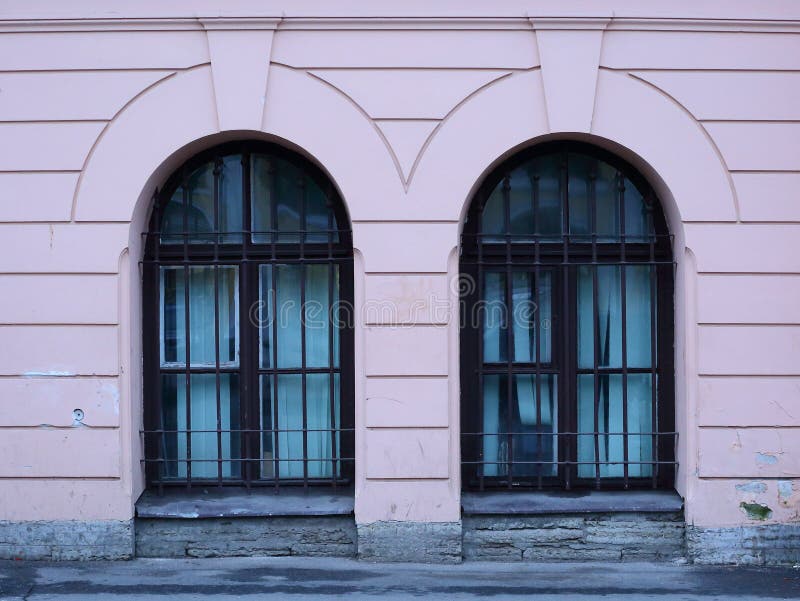 Arched Barred Windows of the Basement Floor Stock Image - Image of ...