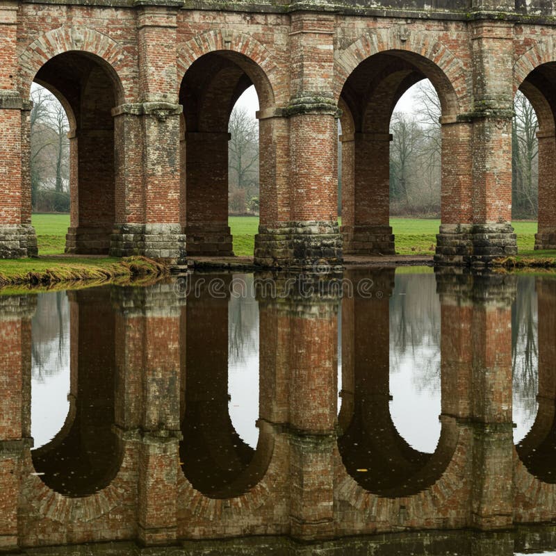 Arched Brick Bridge with Multiple Columns Over a Calm Water Surface ...