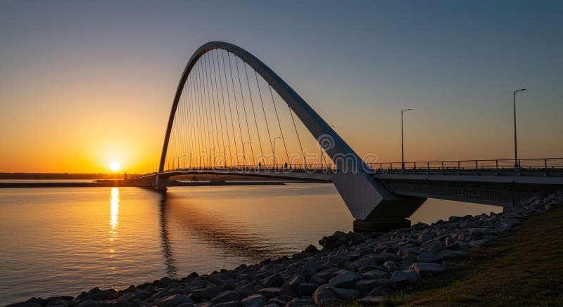 Arched Bridge with Sleek Design Spans Over Calm Water at Sunset. Its ...