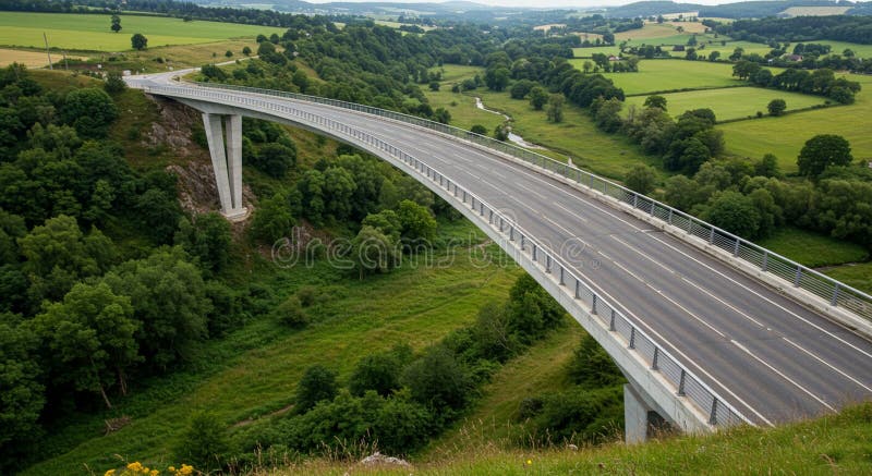 An Arched Bridge Spans a Verdant Valley, Surrounded by Rolling Hills and Dense Trees. Stock ...