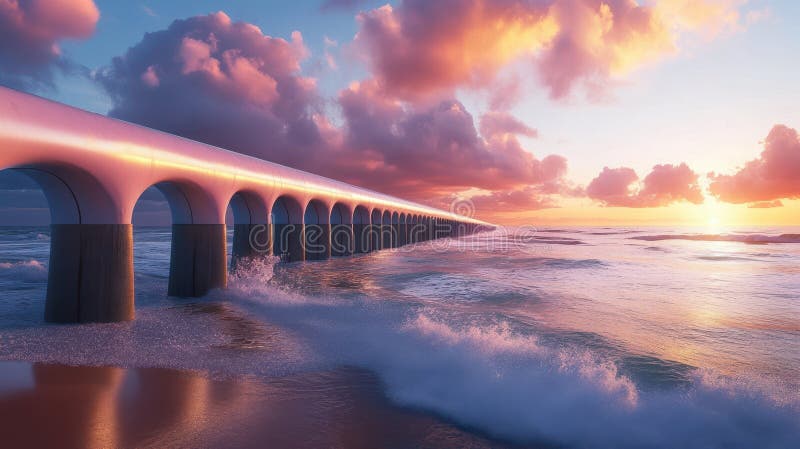 Arched Bridge To Horizon Sunrise Over the Ocean Stock Photo - Image of ...