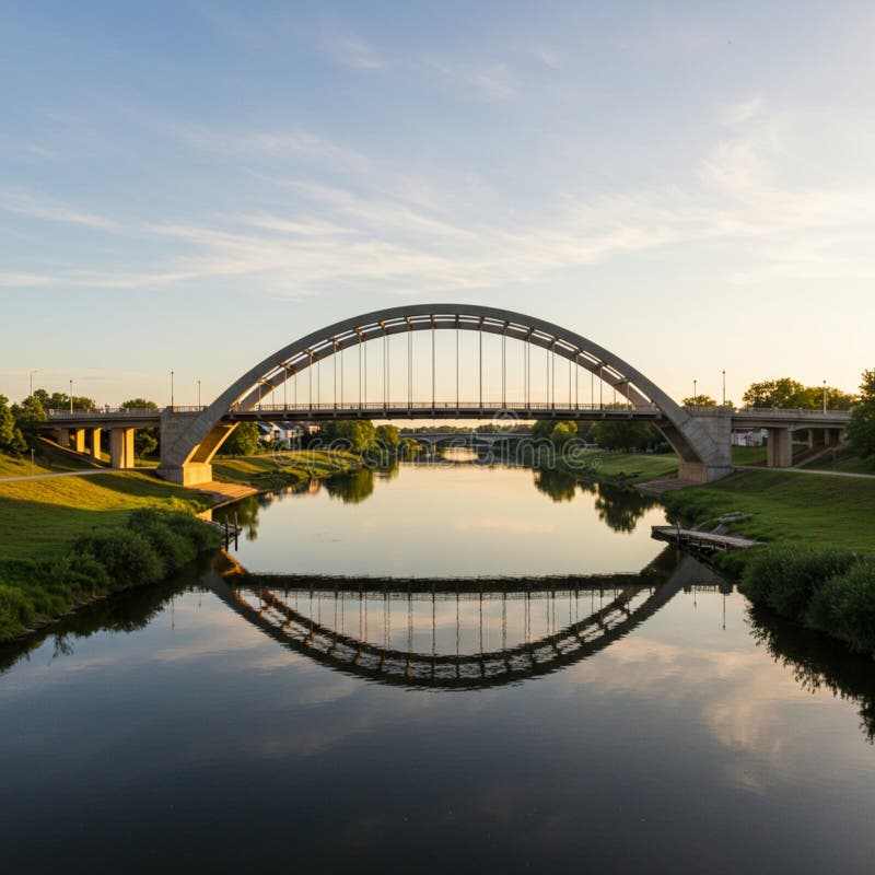 Arched Concrete Bridge Spans a Calm River, Casting a Perfect Reflection ...
