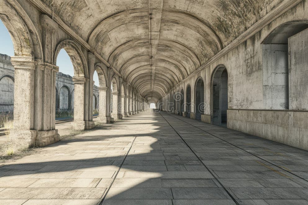 Arched Corridor in an Abandoned Structure in Daylight Illuminating the ...