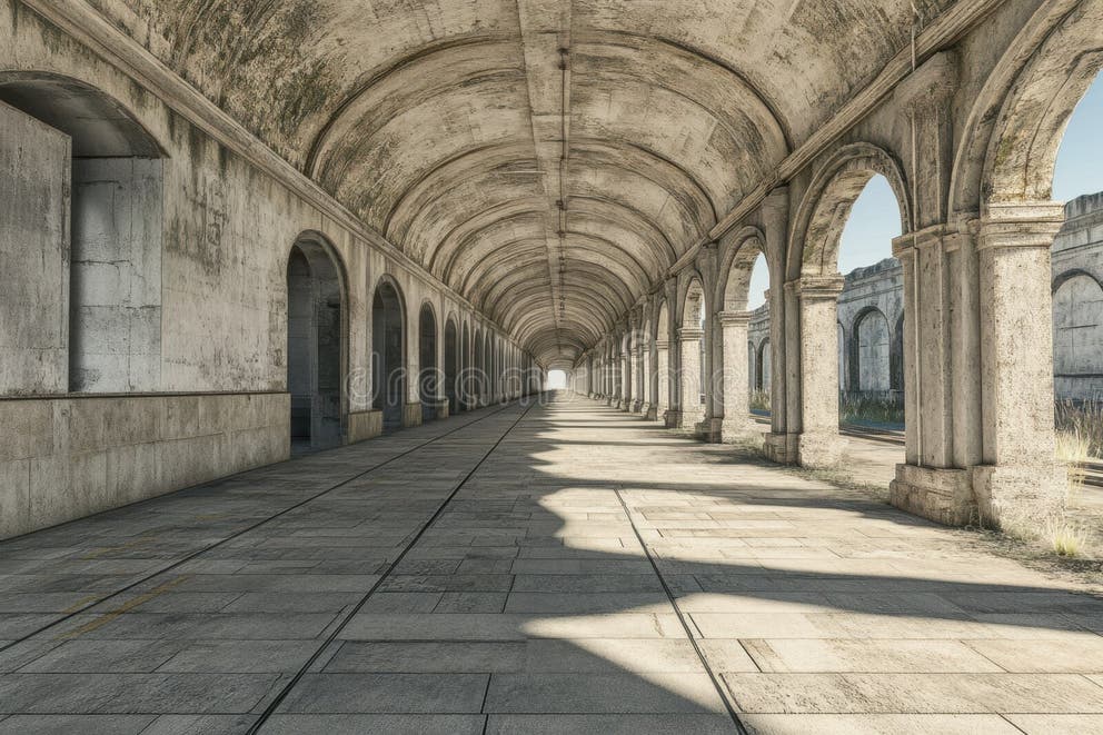 Arched Corridor in an Abandoned Structure in Daylight Illuminating the ...