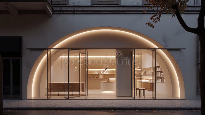 An Arched Entrance of a Modern Cafe with Warm Lighting and Minimal ...