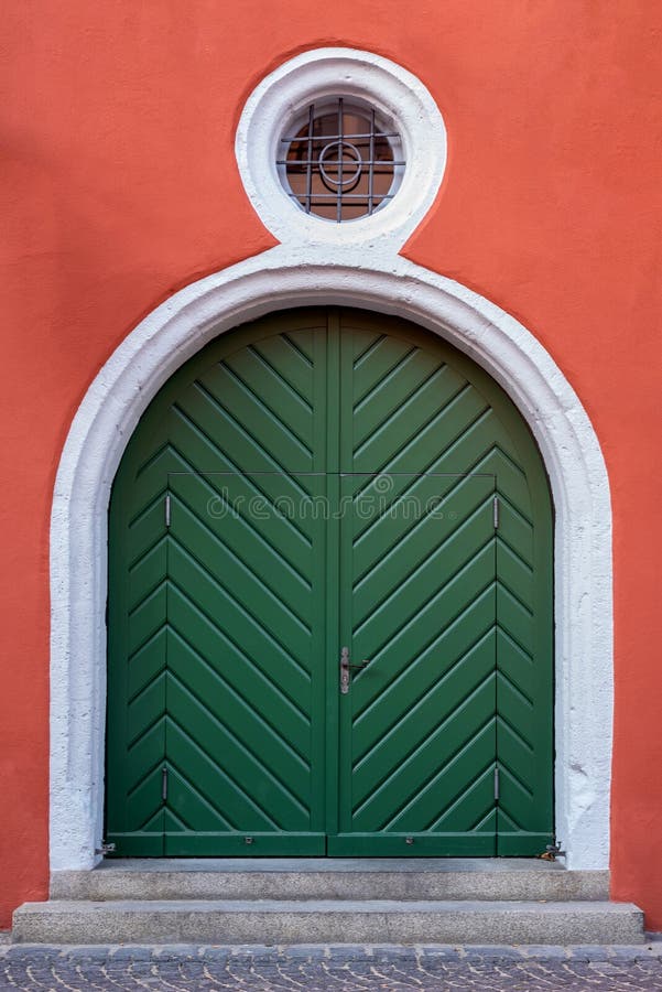 Arched Green Door with White Door Frame Stock Image - Image of camping ...