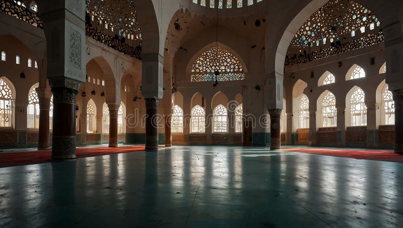 Arched Hall Interior with Pillars and Window Light Creating Shadows ...