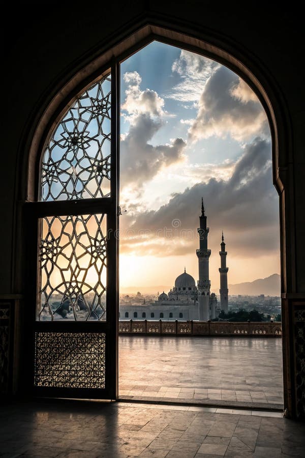 Arched Mosque Window with Silhouette of Mosque and Dramatic Sky Stock ...