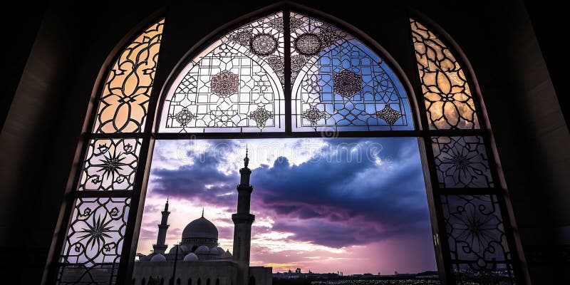 Arched Mosque Window with Silhouette of Mosque and Dramatic Sky Stock ...