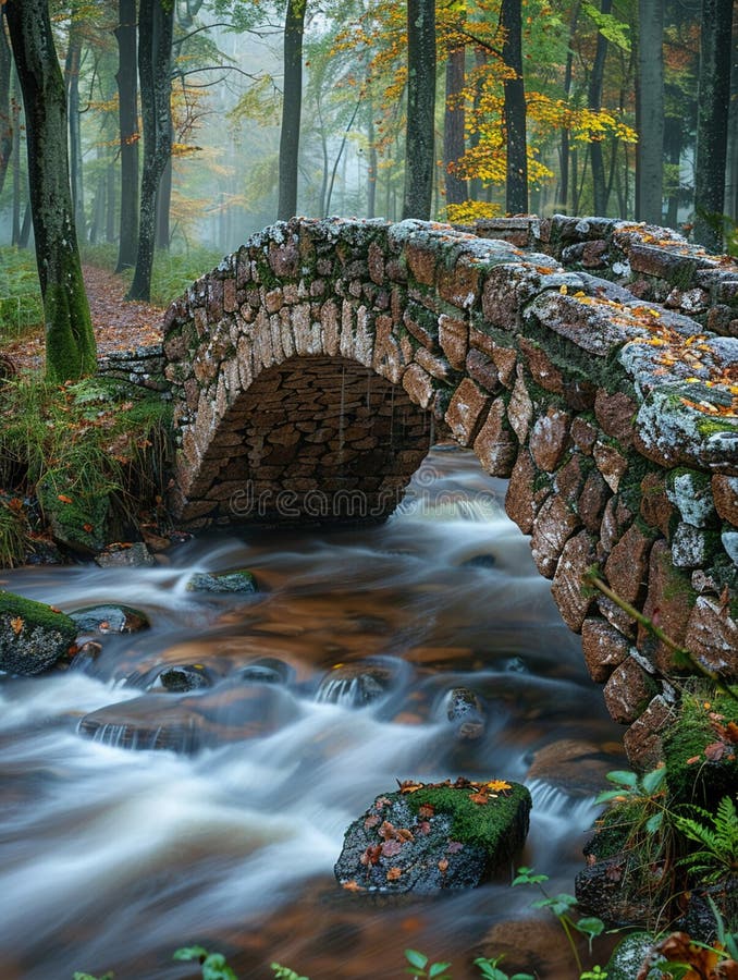 Arched Stone Bridge Spanning a Tranquil Forest Stream the Stones Blur ...