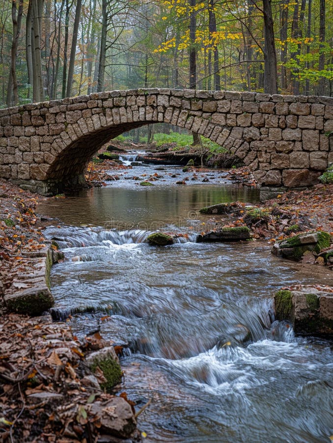 Arched Stone Bridge Spanning a Tranquil Forest Stream the Stones Blur ...