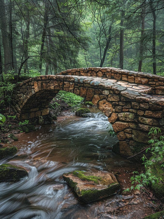 Arched Stone Bridge Spanning a Tranquil Forest Stream the Stones Blur ...