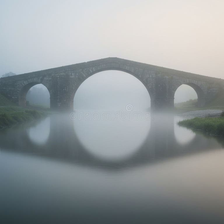 Arched Stone Bridge Spans a Calm River, Enveloped in a Thick, Low ...