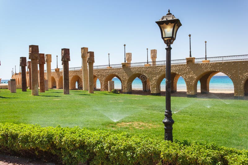 The Arched Stone Colonnade with Lanterns Stock Photo - Image of ...