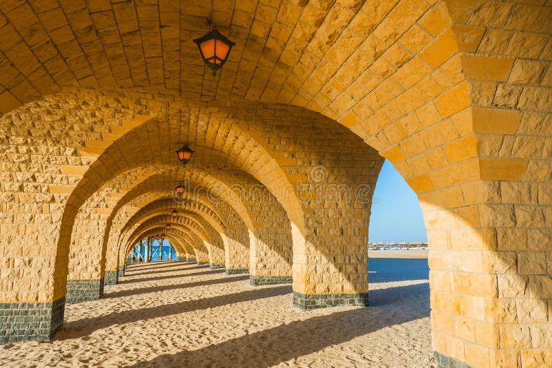 The Arched Stone Colonnade with Lanterns Stock Image - Image of ...