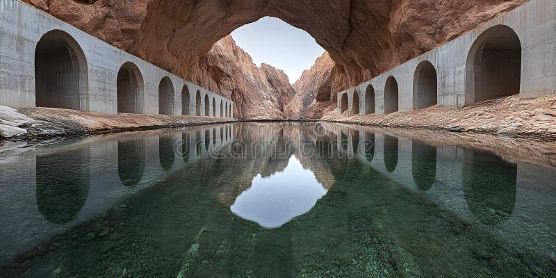 Arched Structures Reflected in Water with Canyon Walls and Sky in the ...