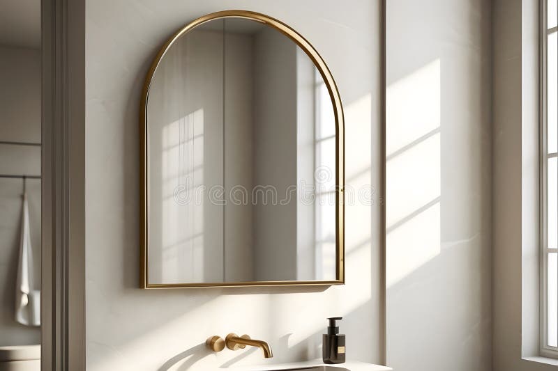 An Arched Wall Mirror with an Elegant Gold Frame, Mounted in a Modern ...