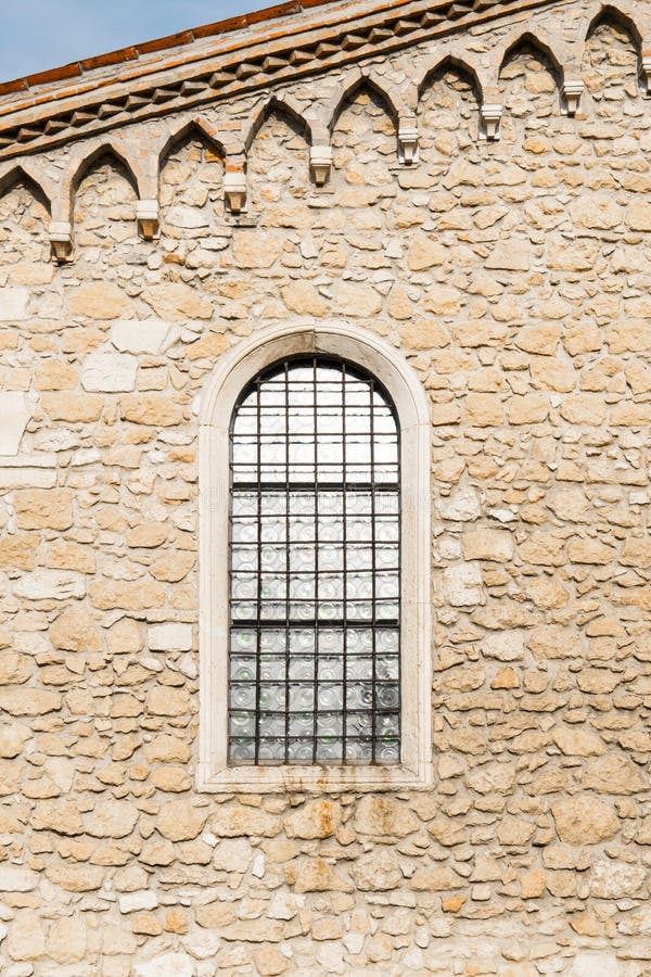 Arched Window in the Ancient Stone Wall Stock Photo - Image of glass ...