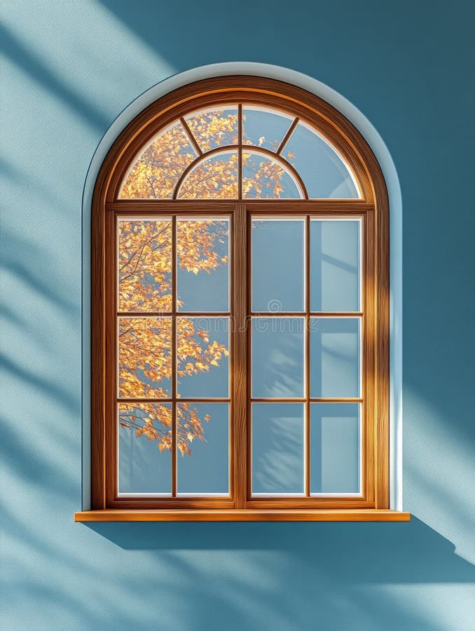 Arched Window Autumn Leaves View Blue Wall Stock Photos - Free ...