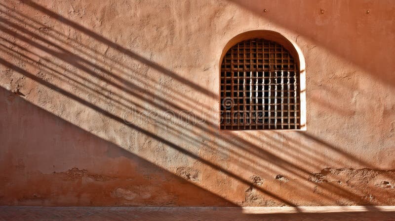 Arched Window with Grating Casting Shadows on an Old Textured Wall in a ...