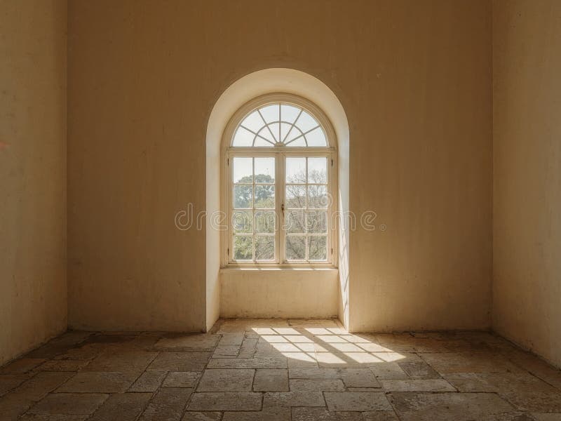 Arched Window in a LightFilled Room with Stone Floor and Plastered ...