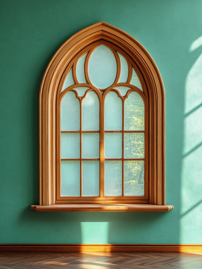 Arched Window with Sunlight on a Green Wall Interior. Stock Image ...