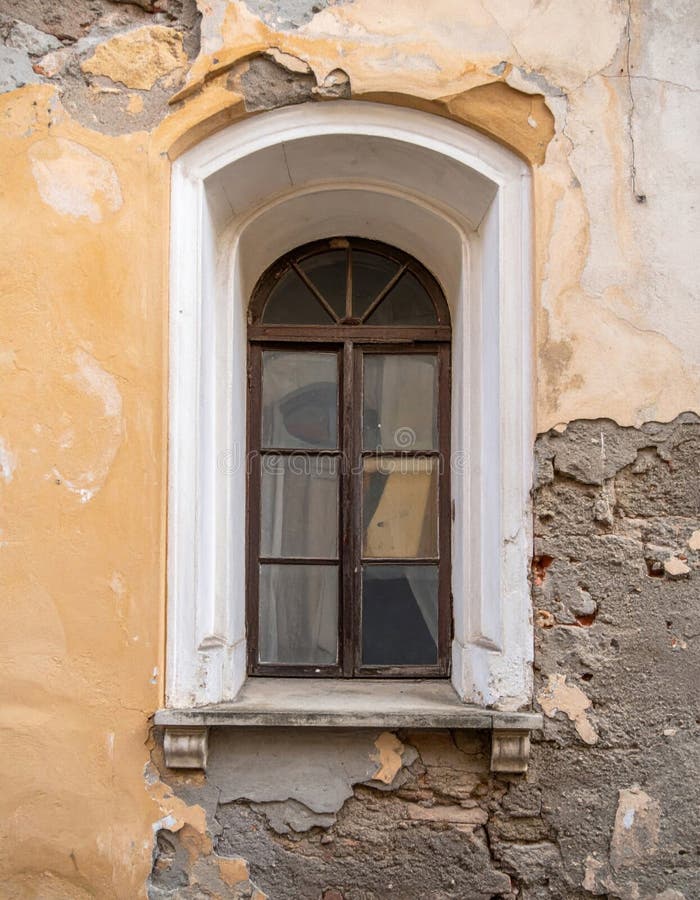Arched Window with White Frame in Weathered Plaster Wall Background ...