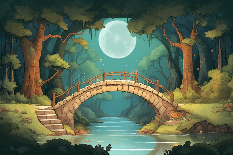 An Arched Wooden Bridge Over a Stream in a Moonlit Forest Stock ...