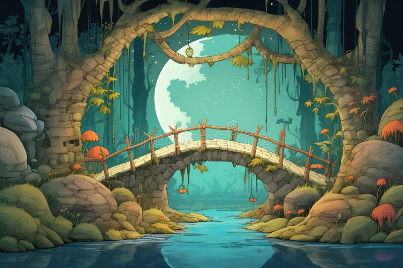 An Arched Wooden Bridge Over a Stream in a Moonlit Forest Stock Photo ...