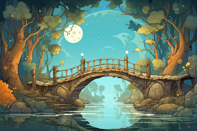 An Arched Wooden Bridge Over a Stream in a Moonlit Forest Stock ...