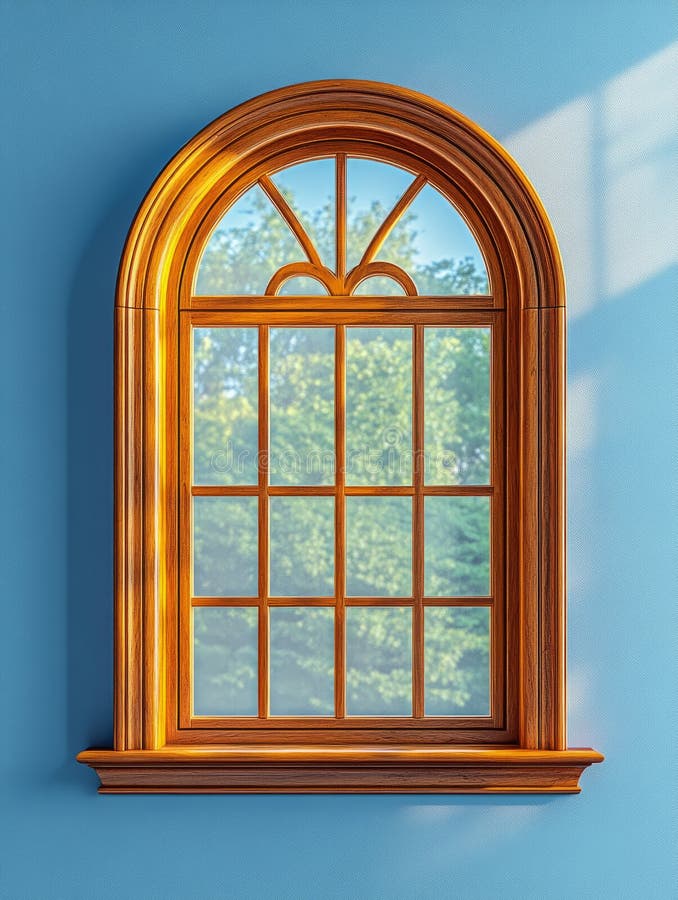 Arched Wooden Window with Sunlight Against a Blue Wall. Stock Photo ...