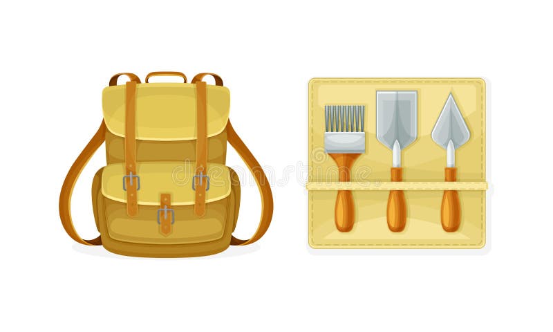 Archeology Equipment Set. Backpack and Excavation Tools Vector ...