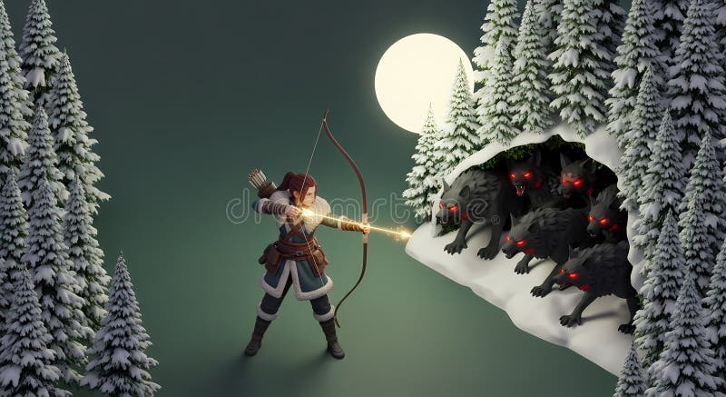 Archer Facing Wolves in Winter Forest Under Full Moon Stock ...