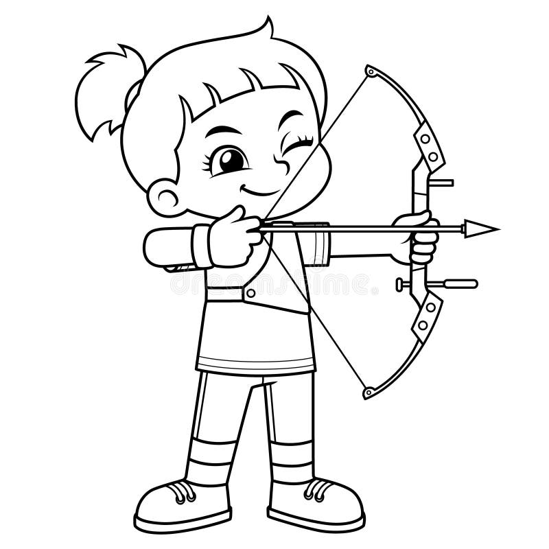 Archer Girl Aiming Target BW Stock Illustration - Illustration of ...