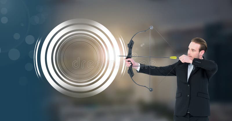 Archer Man with Bow and Arrow and Glowing Circle Technology Interface ...