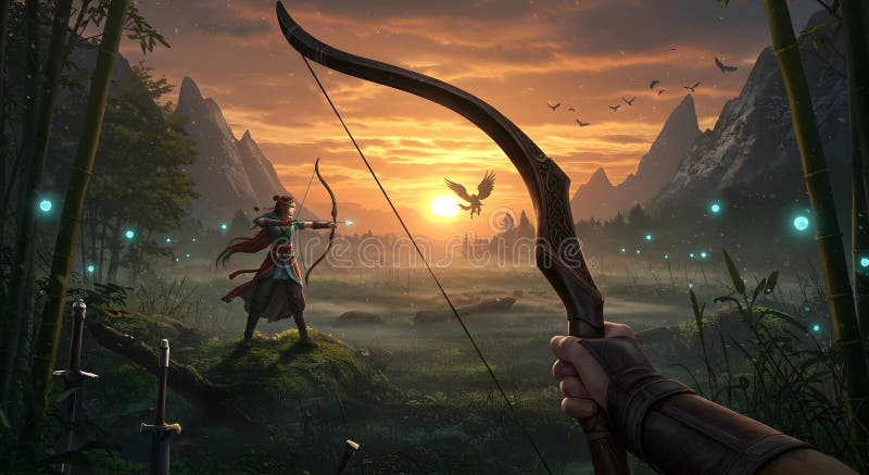 Archer S Precise Aim at Dawn with an Eagle Flying Towards the Sun ...