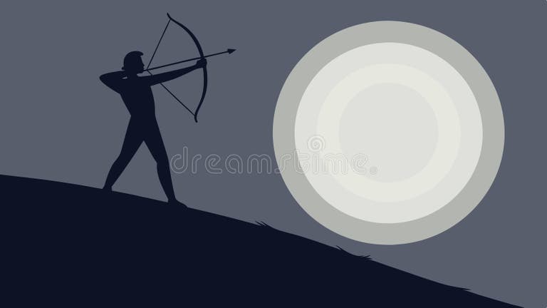 Archer Silhouette Aiming Bow before a Bright Full Moon, Vector Design ...