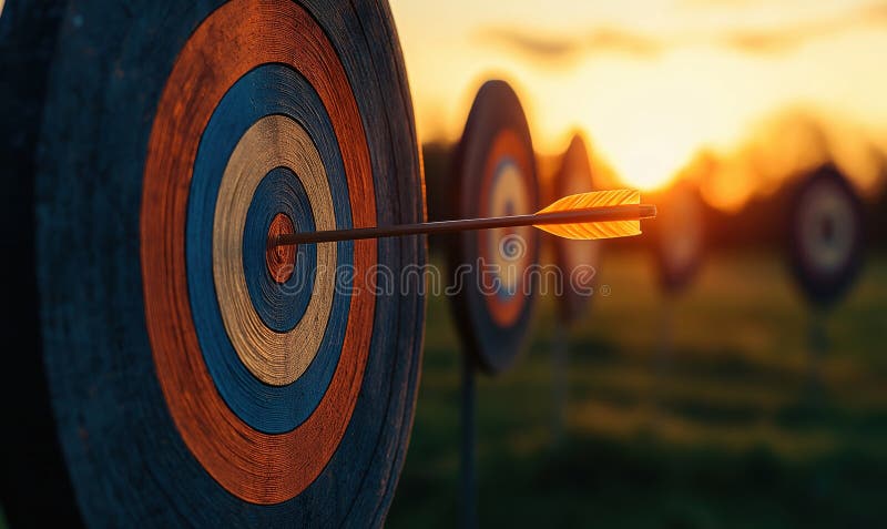 Archery Target Arrow Hitting Bullseye Sunset Outdoor Range Stock Photos ...