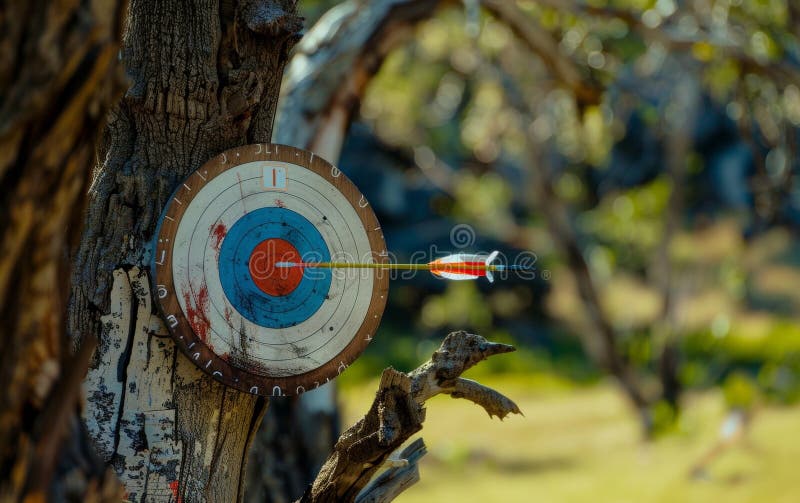 An Archery Target Hangs on a Weathered Tree Trunk Against a Backdrop of ...