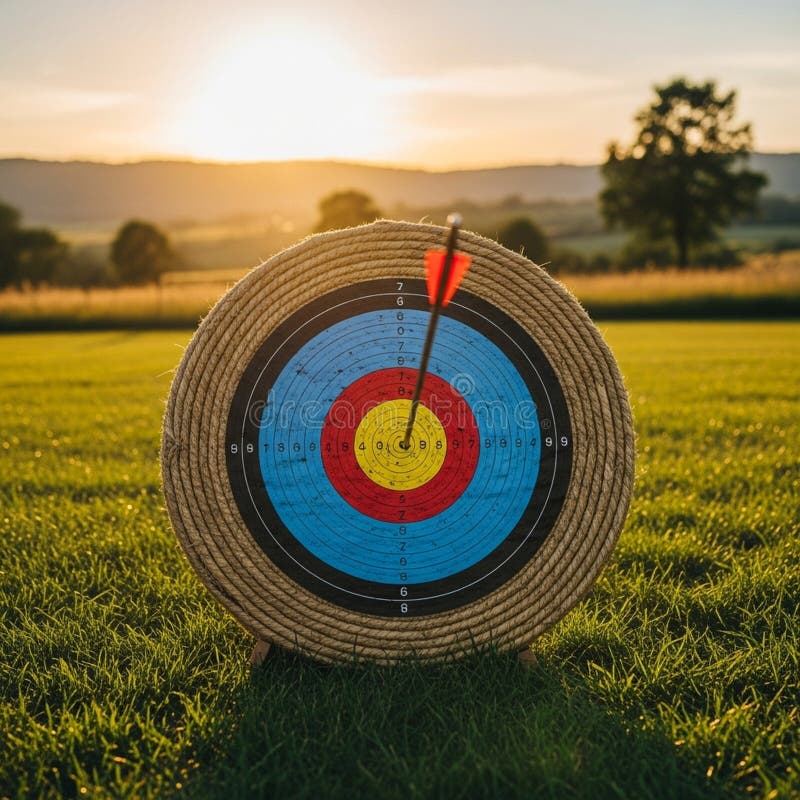 Archery Target Set on Grass in a Field during Sunset. the Target ...