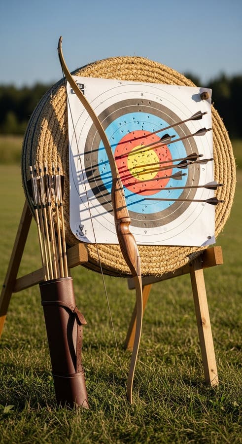 Archery Target Setup on a Grassy Field, Featuring a Straw Round Target ...