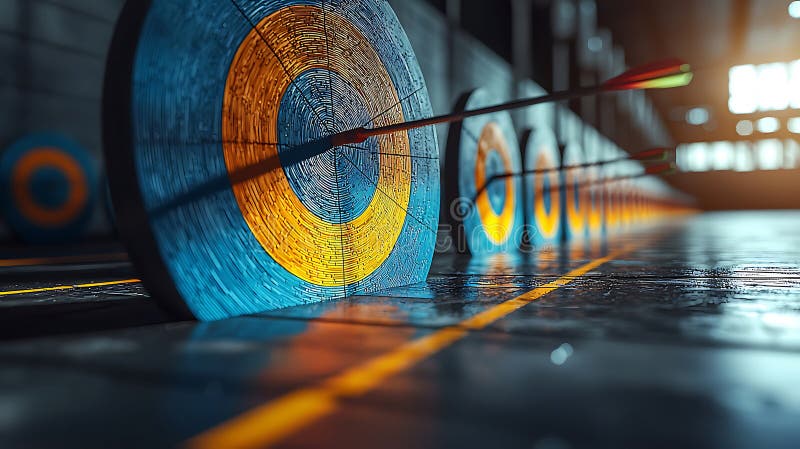 Archery Targets Lined Up in Bright Indoor Range, Arrows Hitting ...