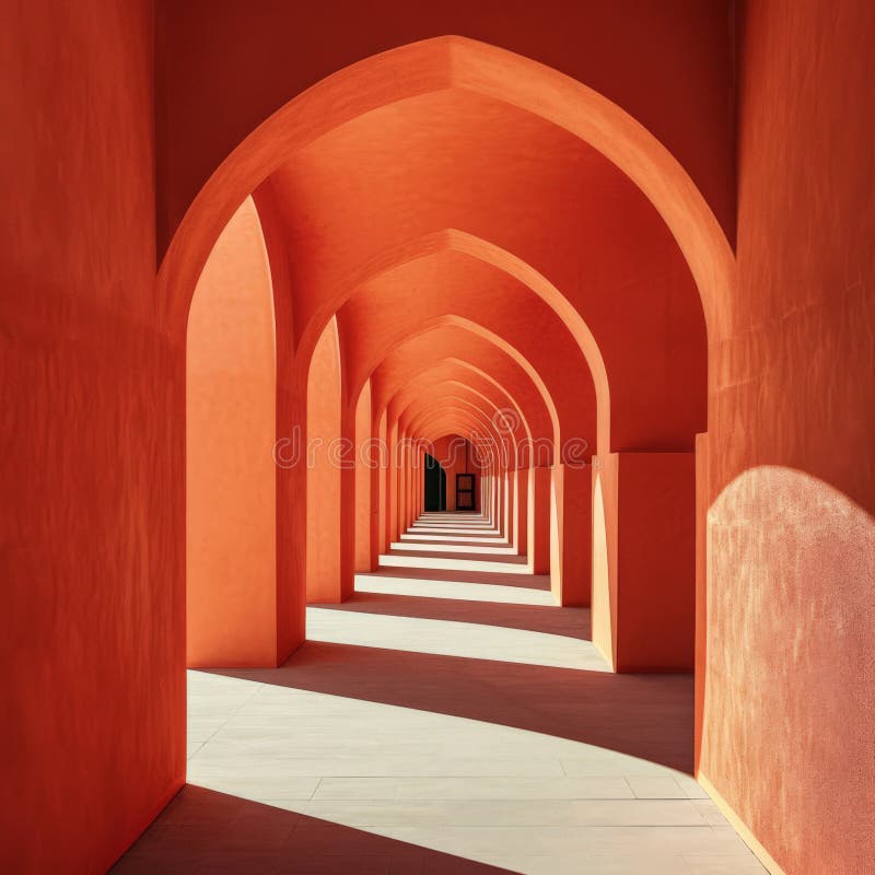 Arches Corridor in Egypt, Red and Orange Hues and Shadows Stock Image ...