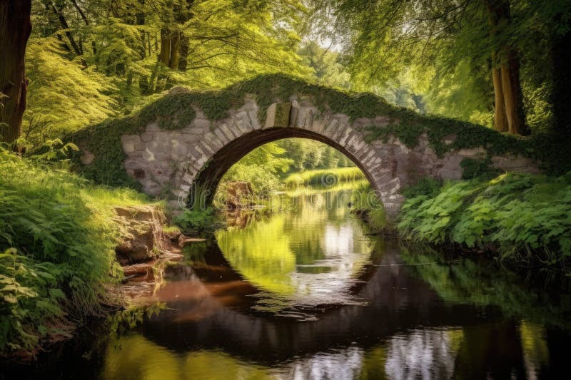 Arching Stone Bridge Over a Gently Flowing Stream Stock Illustration ...