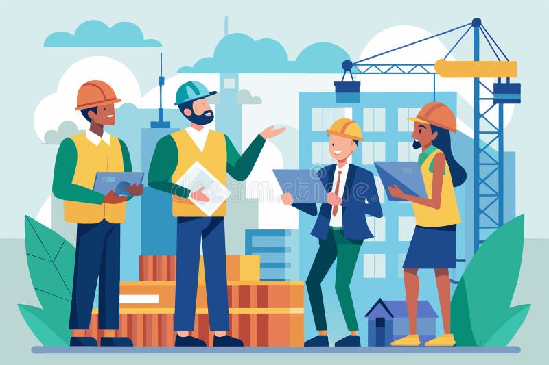 An Architect Advises Construction Workers on Structure Details while ...