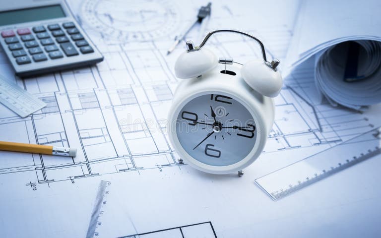 Architect with Alarm Clock on Plan Design Paper. Stock Image - Image of ...