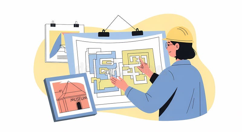 Architect Analyzing Building Plan with Museum Design for Construction ...