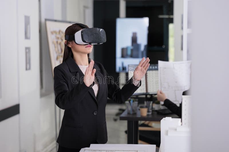 Architect in Ar Helmet Touching Virtual Building Project Stock Photo ...