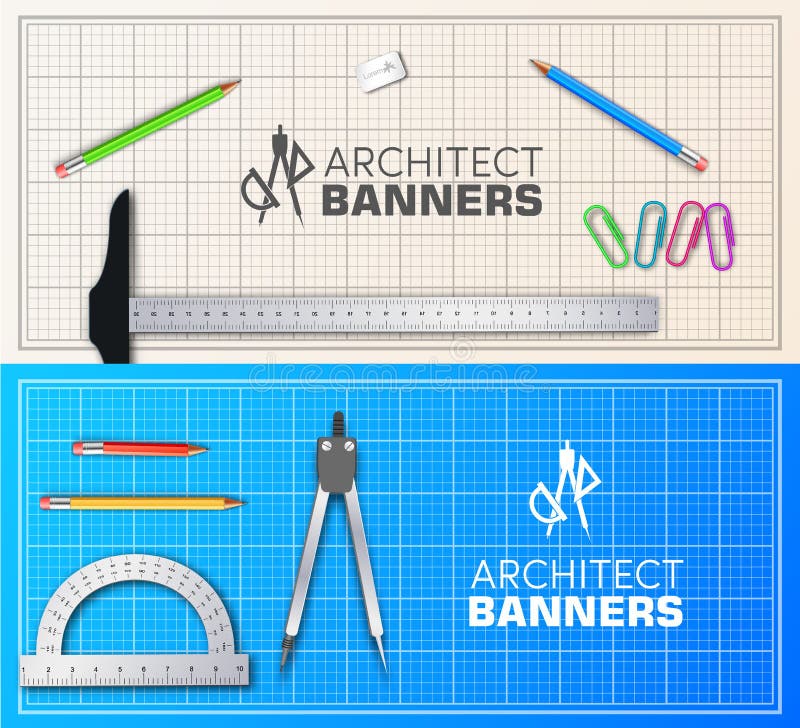 Architect Blueprint Banners Cards Set Stock Vector - Illustration of ...